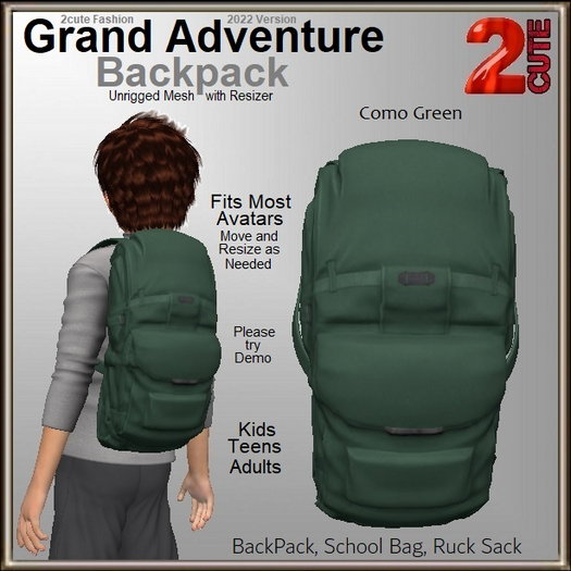 Second Life Marketplace - Grand Adventure Backpack [2cute] Como Green